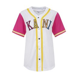 T-Shirt Karl Kani "Karl Kani Damen College Block Baseball Shirt", Damen, Gr. L, wei&szlig;, 100% Polyester, mehrfarbig, relaxed fit, V-Ausschnitt, Shirts T-Shirt