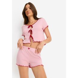 Shorty LSCN BY LASCANA, Damen, Gr. 48/50, rose, Jersey, Obermaterial: 100% Baumwolle, loose fit h&uuml;ftlang, V-Ausschnitt, eingesetzt Babylock, Homewear-Sets Shorty, mit Schleifen zum Binden
