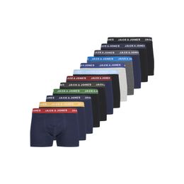 Jack & Jones Trunk JACK & JONES "JACSOLID Stretchkomfort, elastisch, bequem mit sportlichem Look", Herren, Gr. L, 12 Stk., schwarz pack:schwarz, schwarz, schwarz, schwarz, dgm, lgm, navy blazer, navy blazer, navy blazer, Jersey, Obermaterial: 95% Baumwolle, 5% Elasthan, unifarben mit Farbeinsatz, Unterhosen, bedruckt, modisch, eng anliegend, Baumwollmischung, B&uuml;ndchen