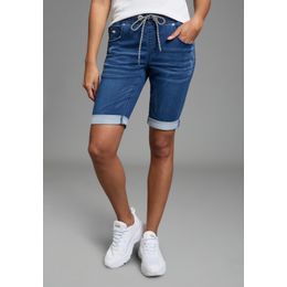 Jogg-Jeansbermudas Kangaroos, Damen, Gr. 42, N-Gr, dunkelblau used, Denim/Jeans, Obermaterial: 59% Baumwolle, 40% Polyester, 1% Elasthan, unifarben, Basic, bequem kniefrei, Jeans Jogg-Jeansbermudas, gerade geschnittenes Bein, elastischer Tunnelzugbund