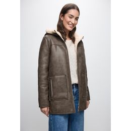 Lederimitatjacke Street One, Damen, Gr. 44, sandy mocca, Stoff, Obermaterial: 100% Polyester; Futter: 100% Polyester, unifarben, normal normal, ohne Ausschnitt, abgesteppt, Jacken, mit Teddy-Futter und Teddy-Kapuze