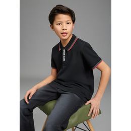 Poloshirt Bruno Banani "Piqu&eacute;-Shirt mit Logo-Print", M&auml;dchen, Gr. 128/134, schwarz, Piqu&eacute;, Obermaterial: 95% Baumwolle, 5% Elasthan, bedruckt, Basic, Rippb&uuml;ndchen, Shirts, Basic-Passform, Kurzarm, mit Knopfleiste, mit Logodruck