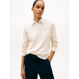 Rundhalspullover Tommy Hilfiger "CO CABLE C-NK LS SWEATER", Damen, Gr. XL (46), wei&szlig; (ivory petal), Strick, Obermaterial: 100% Baumwolle, meliert, regular fit normal, Rundhals, Rippstrickb&uuml;ndchen, Pullover Rundhalspullover, Baumwolle, mit Zopfmuster