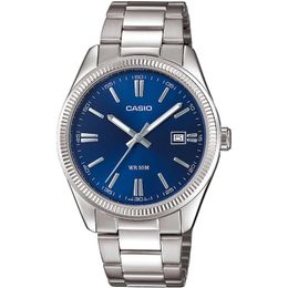 Casio Timeless Collection Herren CASIO TIMELESS COLLECTION Quarzuhr Armbanduhr, Herrenuhr, Damenuhr, Edelstahlarmband, Datum, Neo-Display blau