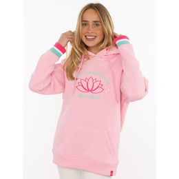 Zwillingsherz Damen Hoodie &raquo;"Be Patient"&laquo;, Schriftzug und Bl&uuml;te, gestreifte &Auml;rmelb&uuml;ndchen, Kapuze L/XL