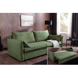 Riess Ambiente Design Schlafsofa APARTMENT 215cm gr&uuml;n Cord 3-Sitzer Couch inkl. Bettkasten Kissen Riess-Ambiente Wohnzimmer Retro Vintage
