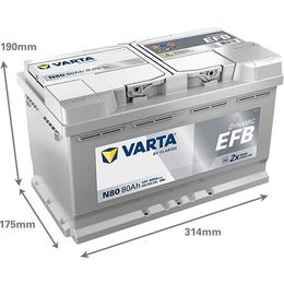 Varta Starterbatterie DYNAMIC EFB 12 V, 80 Ah, 800 A 580500080K262 12V 80Ah 800A f&uuml;r VW LAND ROVER FIAT AUDI TOYOTA BMW NISSAN LR018608 000915105ED 28
