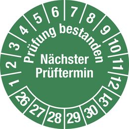 Pr&uuml;fung bestanden, Dokumentenfolie, &Oslash; 30 mm, VE 10 Stk, 26 - 31, gr&uuml;n kaiserkraft