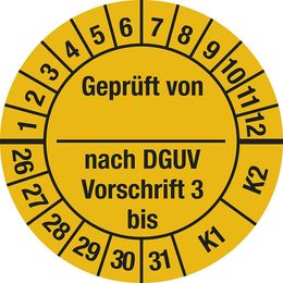 Gepr&uuml;ft von/nach DGUV, Dokumentenfolie, &Oslash; 25 mm, VE 10 Stk, 26 - 31, gelb kaiserkraft