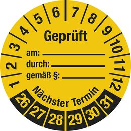 Gepr&uuml;ft/N&auml;chster Termin, Dokumentenfolie, &Oslash; 30 mm, VE 10 Stk, 26 - 31, gelb kaiserkraft