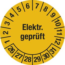 Elektr. gepr&uuml;ft, Dokumentenfolie, &Oslash; 25 mm, VE 10 Stk, 26 - 31, gelb kaiserkraft