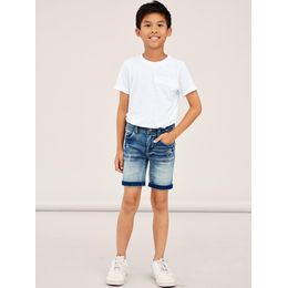 Shorts name it "NKMTHEO XSL DNM L SHORTS 5495-TH NOOS", Jungen, Gr. 134, N-Gr, blau (medium blau denim (blank)), Web, Obermaterial: 70% Baumwolle, 27% Polyester, 3% Elasthan, unifarben, slim fit knielang, Hosen Shorts