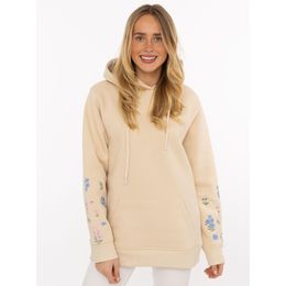 Hoodie Zwillingsherz "Blumenranken", Damen, Gr. S/M, beige, Sweatware, Obermaterial: 50% Baumwolle, 50% Polyester, Sweatshirts Hoodie, mit gestickten Blumen am Arm, Kapuze, Fronttasche