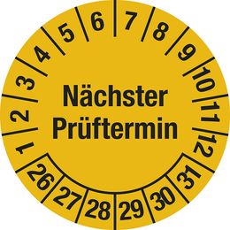 N&auml;chster Pr&uuml;ftermin, Mehrjahreszahlen, Dokumentenfolie, &Oslash; 20 mm, 26 - 31, gelb kaiserkraft