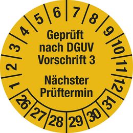 Gepr&uuml;ft nach DGUV Vorschrift 3, Dokumentenfolie, &Oslash; 30 mm, VE 10 Stk, 26 - 31, gelb kaiserkraft