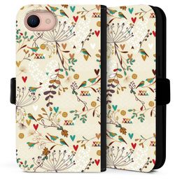 DeinDesign iPhone 16e Handy Klapph&uuml;lle Handyh&uuml;lle aus Kunst Leder schwarz Flip Case Flowers Bird Retro Sideflip mit Lasche