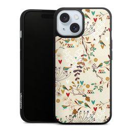 DeinDesign iPhone 15 Handy Premium Silikon H&uuml;lle Handyh&uuml;lle schwarz Case Flowers Bird Retro Silikon Premium Case
