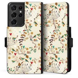 DeinDesign Galaxy S21 Ultra 5G Handy Klapph&uuml;lle Handyh&uuml;lle aus Kunst Leder schwarz Flip Case Flowers Bird Retro Sideflip mit Lasche