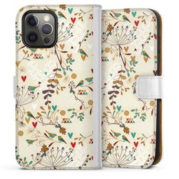 DeinDesign iPhone 12 Pro Max Handy Klapph&uuml;lle Handyh&uuml;lle aus Kunst Leder wei&szlig; Flip Case Flowers Bird Retro Sideflip mit Lasche