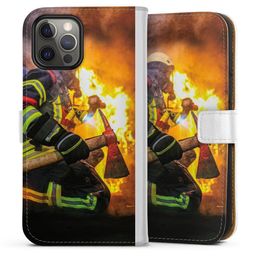 DeinDesign iPhone 12 Pro Max Handy Klapph&uuml;lle Handyh&uuml;lle aus Kunst Leder wei&szlig; Flip Case Life Saver Fire Fighters Fire Sideflip mit Lasche