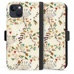 DeinDesign iPhone 13 Handy Klapph&uuml;lle Handyh&uuml;lle aus Kunst Leder schwarz Flip Case Flowers Bird Retro Sideflip mit Lasche
