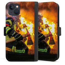 DeinDesign iPhone 13 Handy Klapph&uuml;lle Handyh&uuml;lle aus Kunst Leder schwarz Flip Case Life Saver Fire Fighters Fire Sideflip mit Lasche