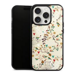 DeinDesign iPhone 15 Pro Handy Slim Case extra d&uuml;nn Silikon Handyh&uuml;lle schwarz H&uuml;lle Flowers Bird Retro Silikon Slim Case