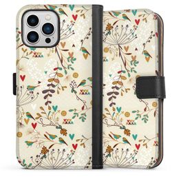 DeinDesign iPhone 13 Pro Max Handy Klapph&uuml;lle Handyh&uuml;lle aus Kunst Leder schwarz Flip Case Flowers Bird Retro Sideflip mit langer Lasche