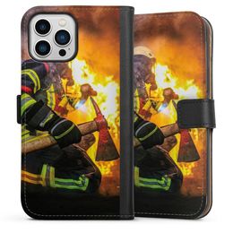 DeinDesign iPhone 13 Pro Max Handy Klapph&uuml;lle Handyh&uuml;lle aus Kunst Leder schwarz Flip Case Life Saver Fire Fighters Fire Sideflip mit langer Lasche