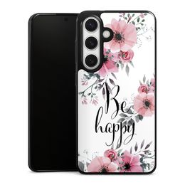DeinDesign Galaxy S24 Handy Slim Case extra d&uuml;nn Silikon Handyh&uuml;lle schwarz H&uuml;lle Flowers Be Happy Spruch Silikon Slim Case
