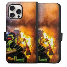 DeinDesign iPhone 15 Pro Max Handy Klapph&uuml;lle Handyh&uuml;lle aus Kunst Leder schwarz Flip Case Life Saver Fire Fighters Fire Sideflip mit Lasche
