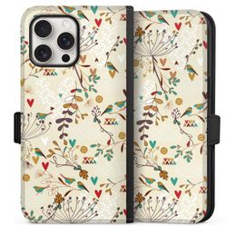 DeinDesign iPhone 15 Pro Max Handy Klapph&uuml;lle Handyh&uuml;lle aus Kunst Leder schwarz Flip Case Flowers Bird Retro Sideflip mit Lasche