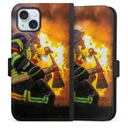 DeinDesign iPhone 15 Handy Klapph&uuml;lle Handyh&uuml;lle aus Kunst Leder schwarz Flip Case Life Saver Fire Fighters Fire Sideflip mit Lasche