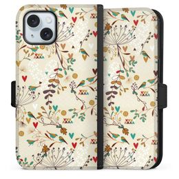 DeinDesign iPhone 15 Handy Klapph&uuml;lle Handyh&uuml;lle aus Kunst Leder schwarz Flip Case Flowers Bird Retro Sideflip mit Lasche