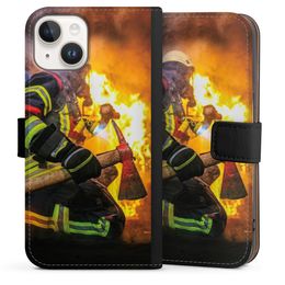 DeinDesign iPhone 14 Handy Klapph&uuml;lle Handyh&uuml;lle aus Kunst Leder schwarz Flip Case Life Saver Fire Fighters Fire Sideflip mit Lasche