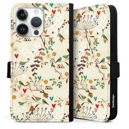 DeinDesign iPhone 14 Pro Max Handy Klapph&uuml;lle Handyh&uuml;lle aus Kunst Leder schwarz Flip Case Flowers Bird Retro Sideflip mit Lasche