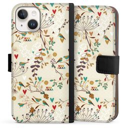 DeinDesign iPhone 14 Handy Klapph&uuml;lle Handyh&uuml;lle aus Kunst Leder schwarz Flip Case Flowers Bird Retro Sideflip mit Lasche