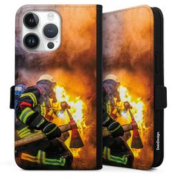 DeinDesign iPhone 14 Pro Max Handy Klapph&uuml;lle Handyh&uuml;lle aus Kunst Leder schwarz Flip Case Life Saver Fire Fighters Fire Sideflip mit Lasche