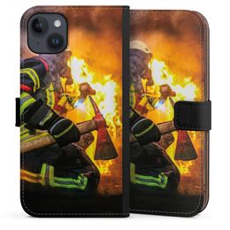 DeinDesign iPhone 14 Plus Handy Klapph&uuml;lle Handyh&uuml;lle aus Kunst Leder schwarz Flip Case Life Saver Fire Fighters Fire Sideflip mit langer Lasche