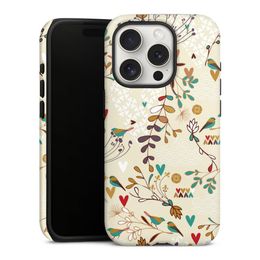 DeinDesign iPhone 15 Pro Handy Panzer Handyh&uuml;lle robuste Outdoor H&uuml;lle Schutzh&uuml;lle matt Flowers Bird Retro Tough Case