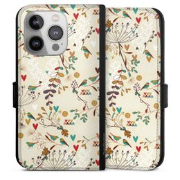DeinDesign iPhone 14 Pro Handy Klapph&uuml;lle Handyh&uuml;lle aus Kunst Leder schwarz Flip Case Flowers Bird Retro Sideflip mit langer Lasche