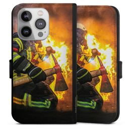 DeinDesign iPhone 14 Pro Handy Klapph&uuml;lle Handyh&uuml;lle aus Kunst Leder schwarz Flip Case Life Saver Fire Fighters Fire Sideflip mit langer Lasche