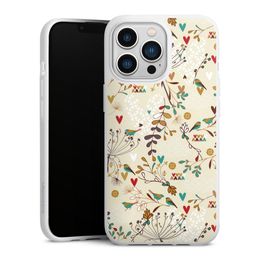 DeinDesign iPhone 13 Pro Handy Silikon H&uuml;lle Case wei&szlig; Handyh&uuml;lle Flowers Bird Retro Silikon Case