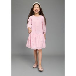Spitzenkleid Kidsworld "Kleid mit Lochstickerei f&uuml;r M&auml;dchen", M&auml;dchen, Gr. 104, N-Gr, rosa, Popeline, Obermaterial: 100% Baumwolle, bestickt, ausgestellt, Rundhals, mit innenliegendem Gummizug, Kleider, aus Popeline und Web-Material, mit ausgestellter Passform