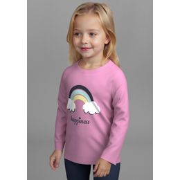 Langarmshirt Kidsworld "2er Pack 1x uni + 1x geringelt Langarmshirts", M&auml;dchen, Gr. 140/146, rosa (altrosa, geringelt), Single Jersey, Obermaterial: 95% Baumwolle, 5% Elasthan, bedruckt, Basic, Rundhals, Shirts Langarmshirt, 2er Pack Shirts mit Regenbogen und Ringel