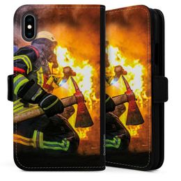 DeinDesign iPhone X Handy Klapph&uuml;lle Handyh&uuml;lle aus Kunst Leder schwarz Flip Case Life Saver Fire Fighters Fire Sideflip mit langer Lasche