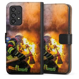 DeinDesign Galaxy A53 5G Handy Klapph&uuml;lle Handyh&uuml;lle aus Kunst Leder schwarz Flip Case Fire Fire Fighters Life Saver Sideflip mit langer Lasche