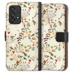 DeinDesign Galaxy A53 5G Handy Klapph&uuml;lle Handyh&uuml;lle aus Kunst Leder schwarz Flip Case Bird Retro Flowers Sideflip mit langer Lasche