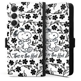 DeinDesign Galaxy A16 5G Handy Klapph&uuml;lle Handyh&uuml;lle aus Kunst Leder schwarz Flip Case Peanuts Flowers Snoopy Sideflip mit Lasche