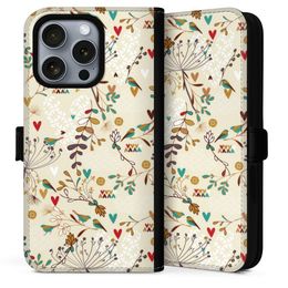 DeinDesign iPhone 16 Pro Max Handy Klapph&uuml;lle Handyh&uuml;lle aus Kunst Leder schwarz Flip Case Flowers Bird Retro Sideflip mit Lasche
